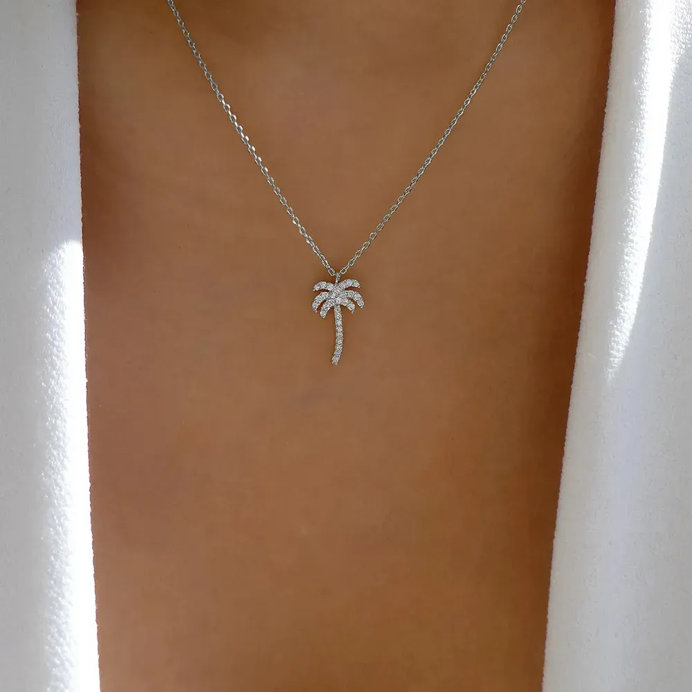 Imitation Silver Palm Tree Pendant Necklace - NEWME