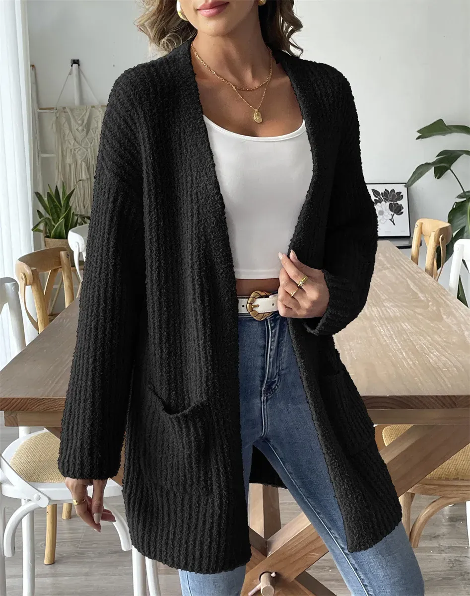 Black Solid Open Placket Cardigan - NEWME