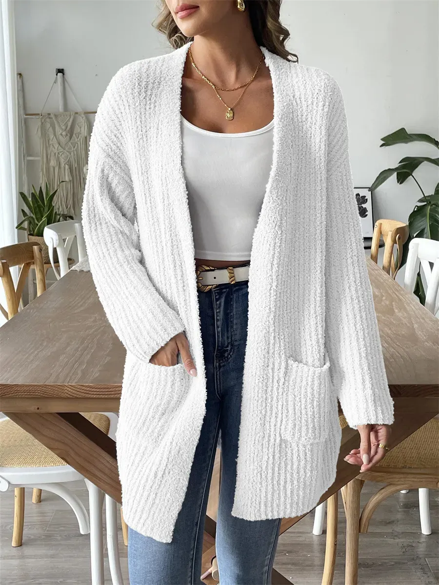 White Solid Open Placket Cardigan - NEWME