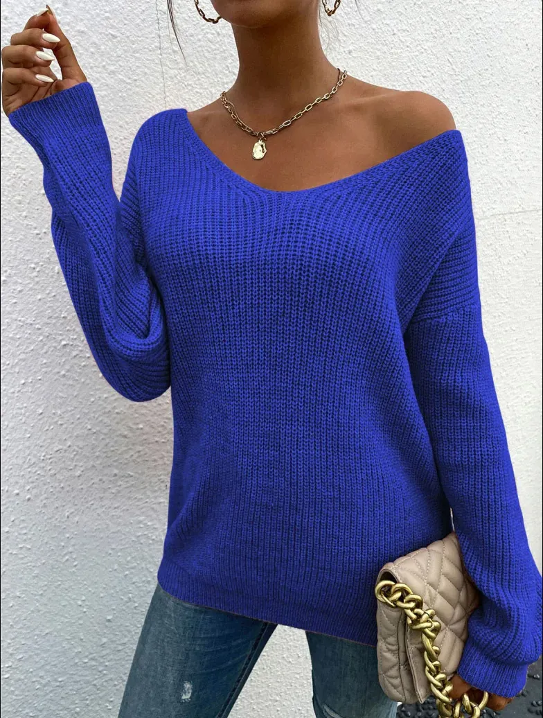 Blue Solid Drop Shoulder Sweater - NEWME