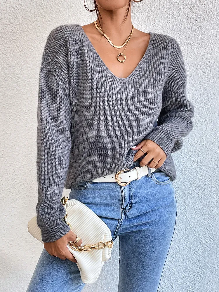 Dark Grey Solid Drop Shoulder Sweater - NEWME