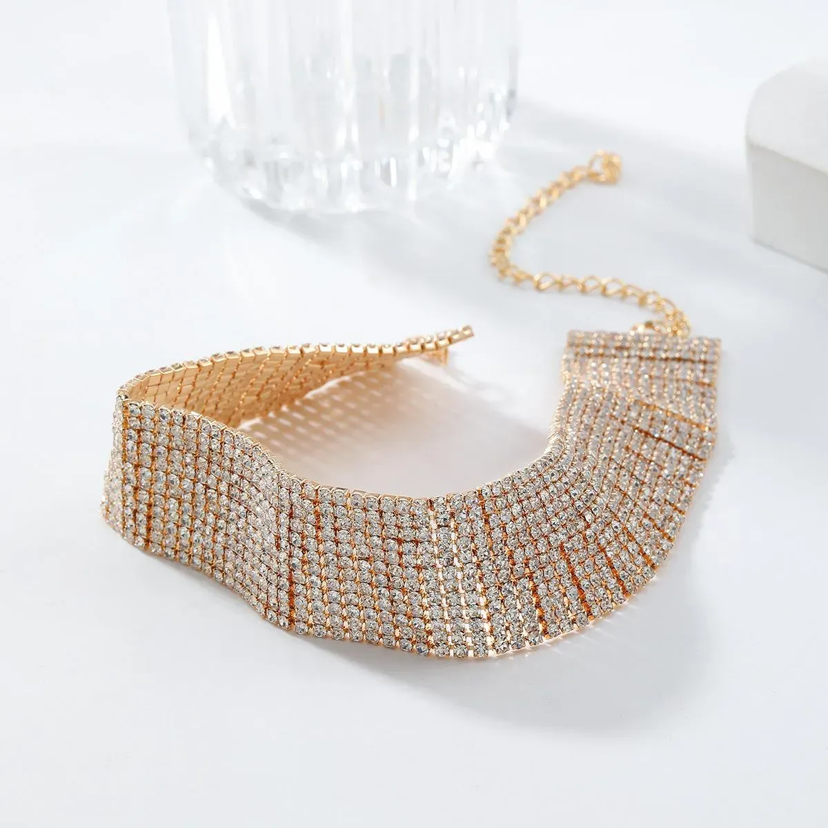 Imitation Gold Rhinestone Studded Choker Necklace - NEWME