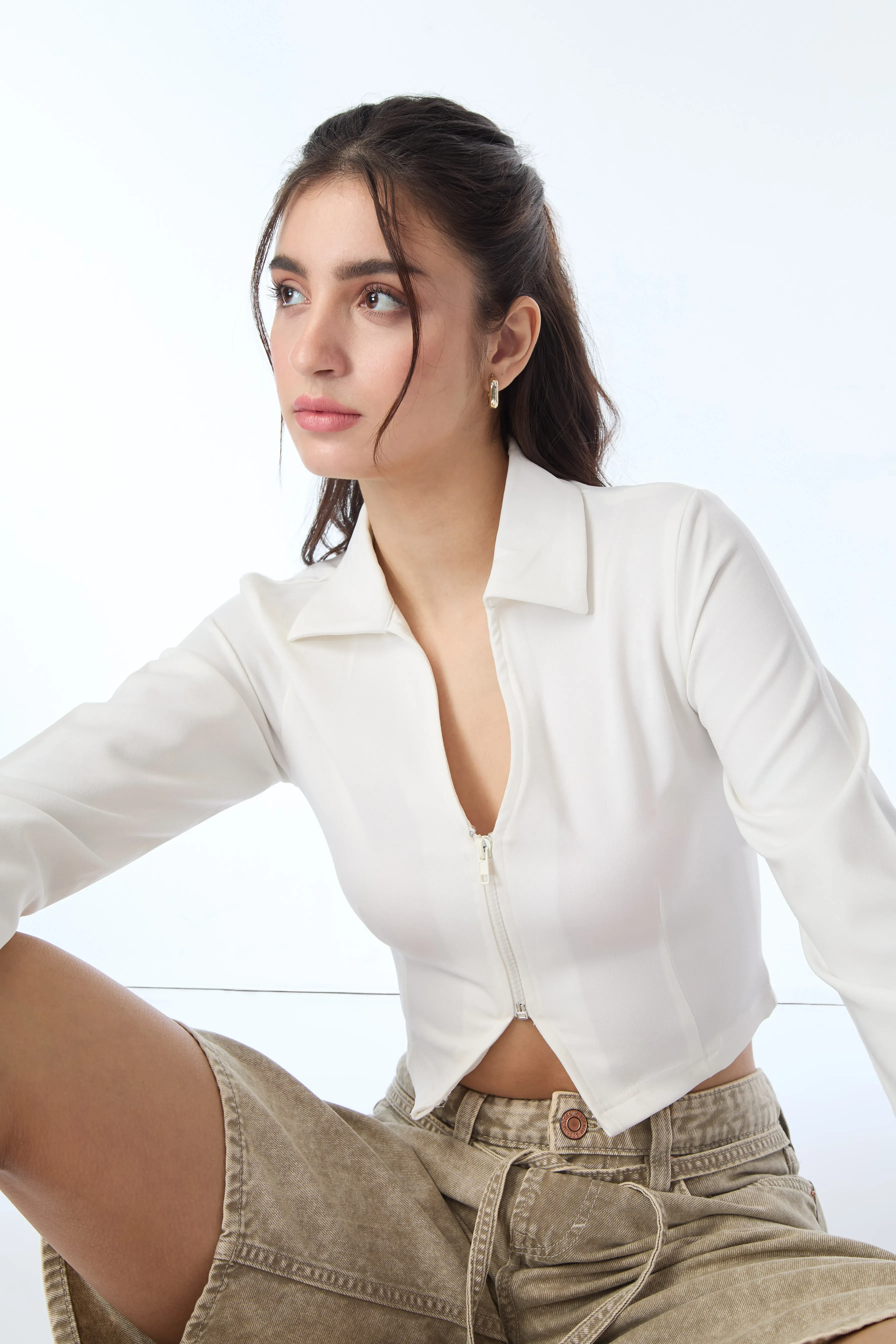 White Fitted Front Open Crop Shirt - NEWME