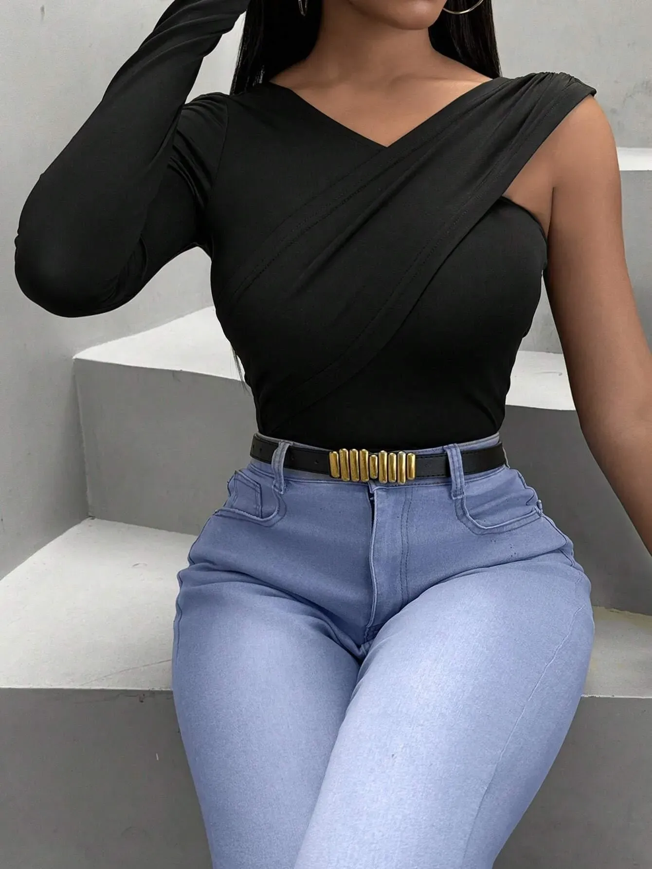 Black One Shoulder Draped Top - NEWME