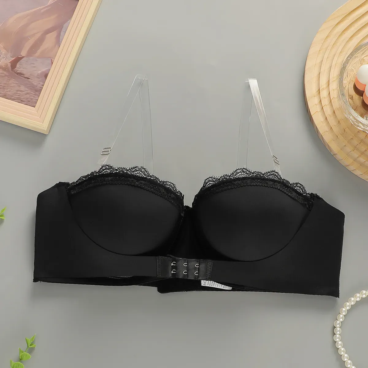 Black Solid Lace Detail Strapless Bra - NEWME