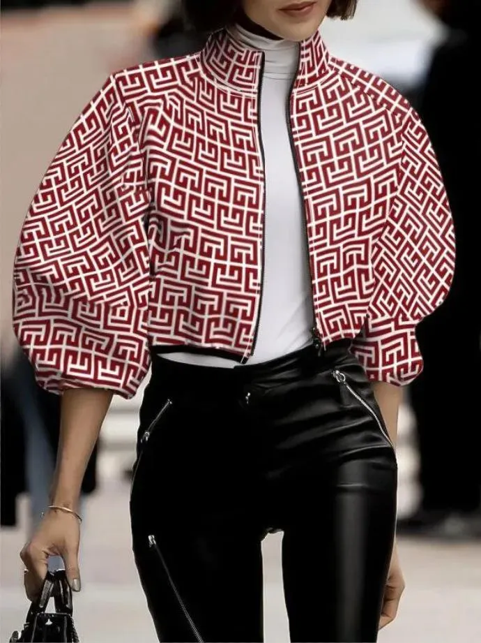 Maroon Geometric Balloon Sleeve Jacket - NEWME