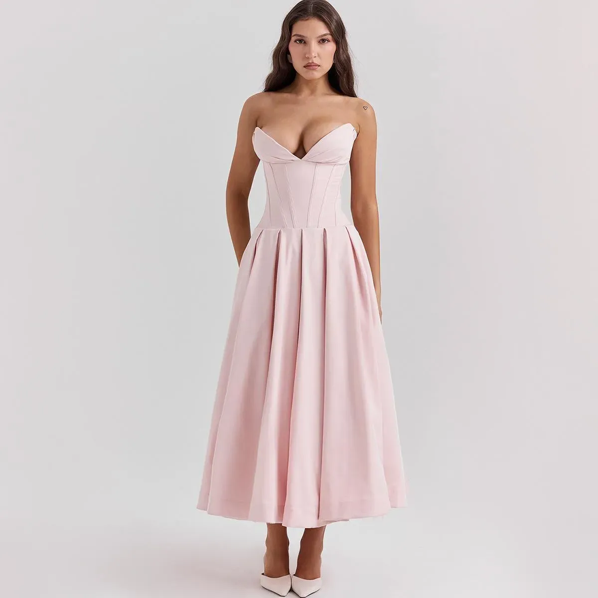 Light Pink Solid Sweetheart Neck Gown - NEWME