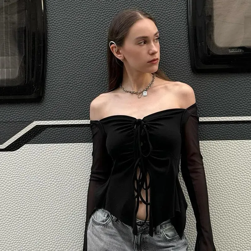 Black Tie Up Off Shoulder Fitted Top - NEWME