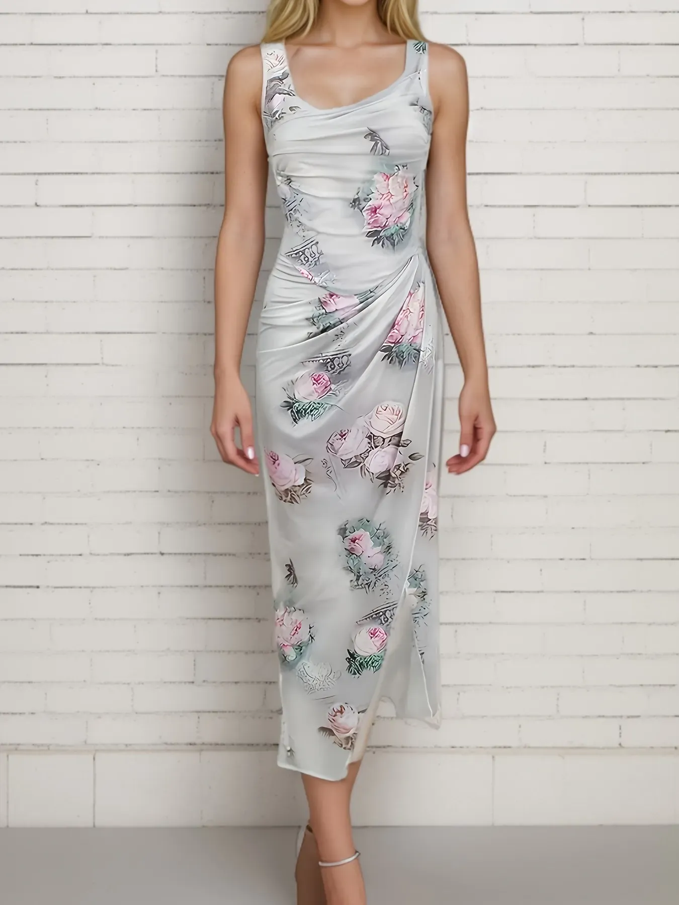 Light Grey Floral Draped Co Ord Set - NEWME