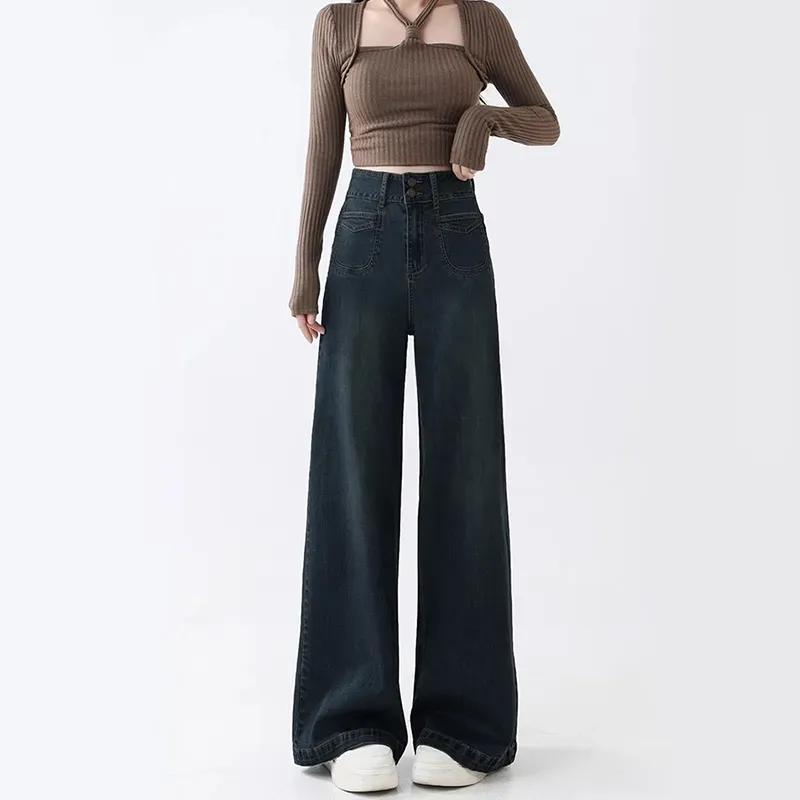 Dark Blue Solid Wide Leg Jeans - NEWME