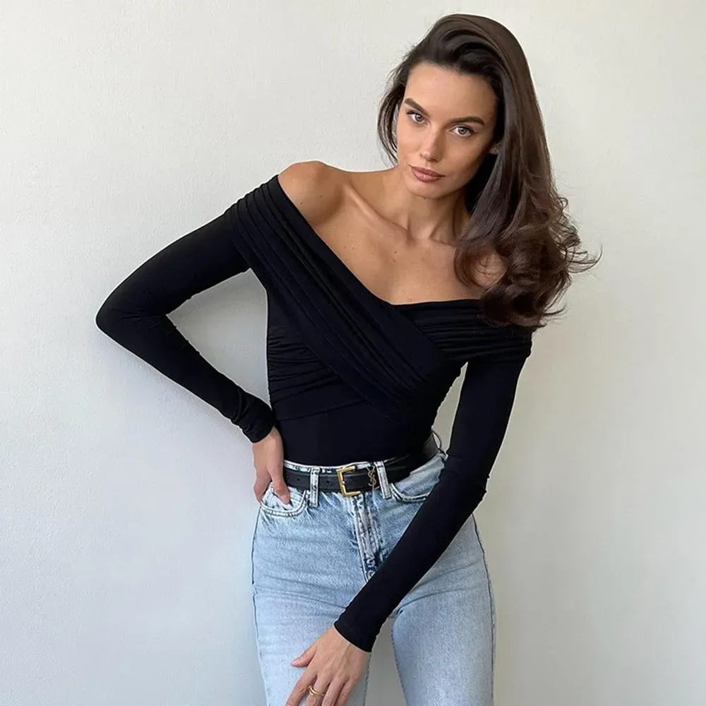 Black Solid Off Shoulder Bodysuit - NEWME