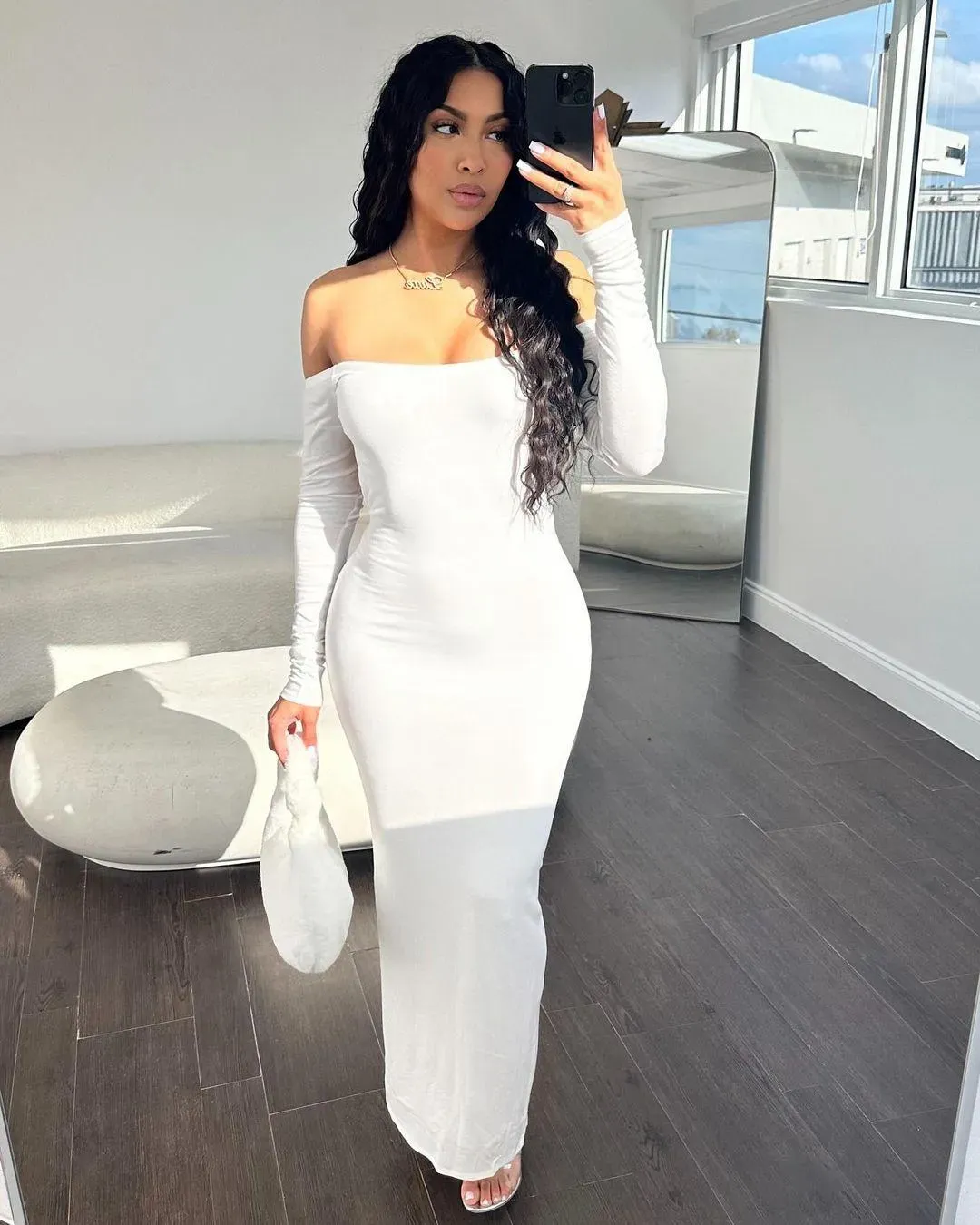 White Solid Off Shoulder Ruched Maxi Dress - NEWME