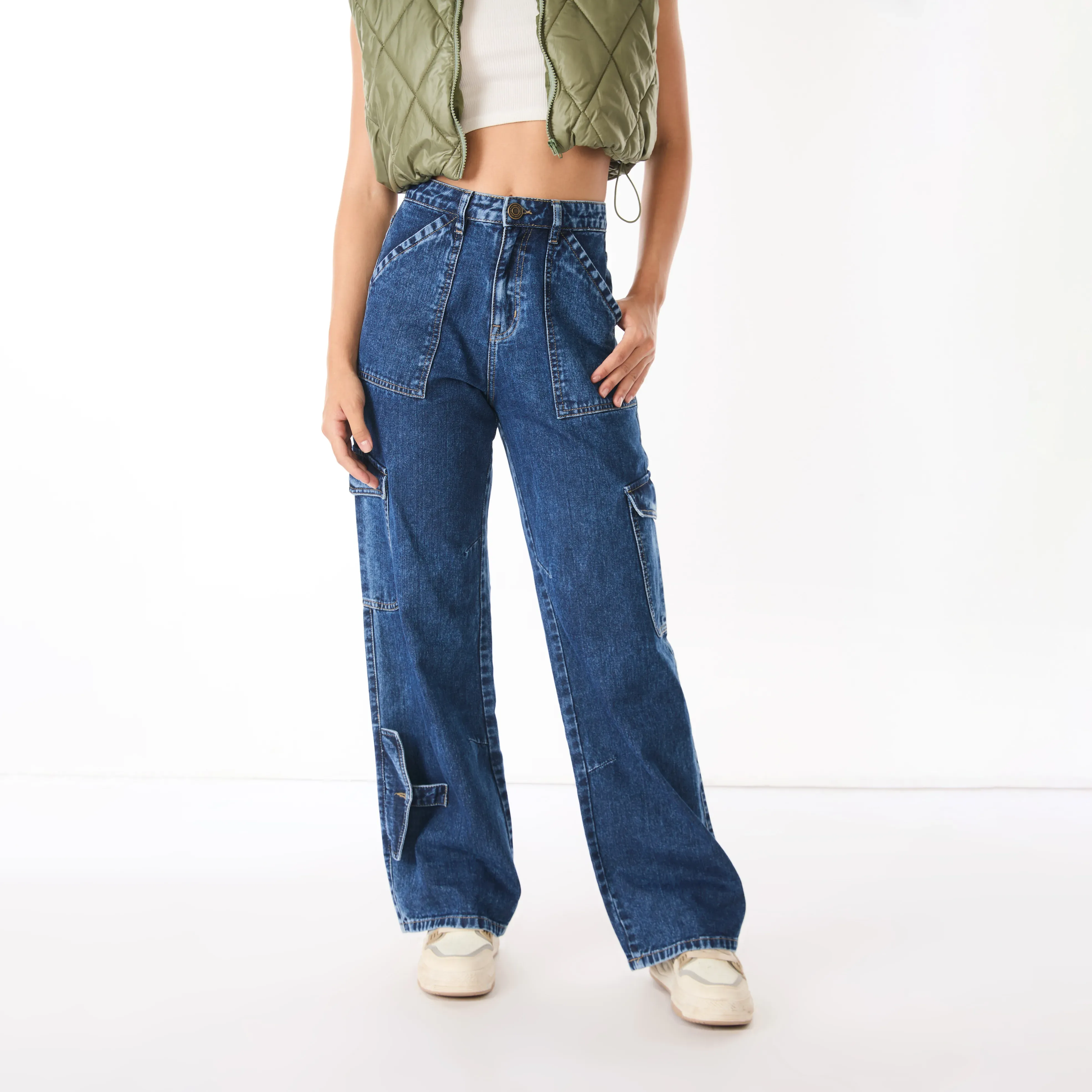 Blue Solid Cargo Style Jeans - NEWME