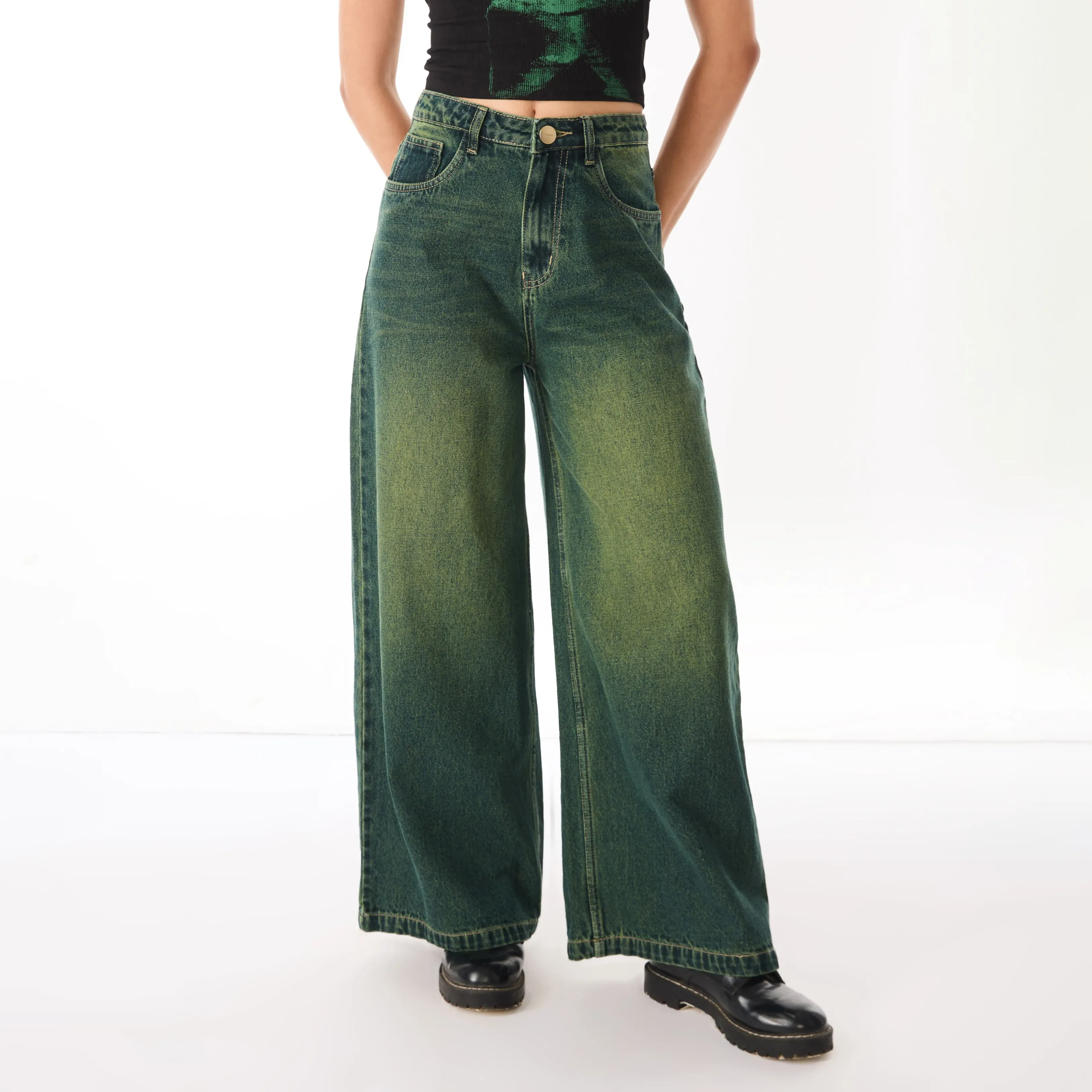 Green Tinted Washed Wide Leg Jeans - NEWME