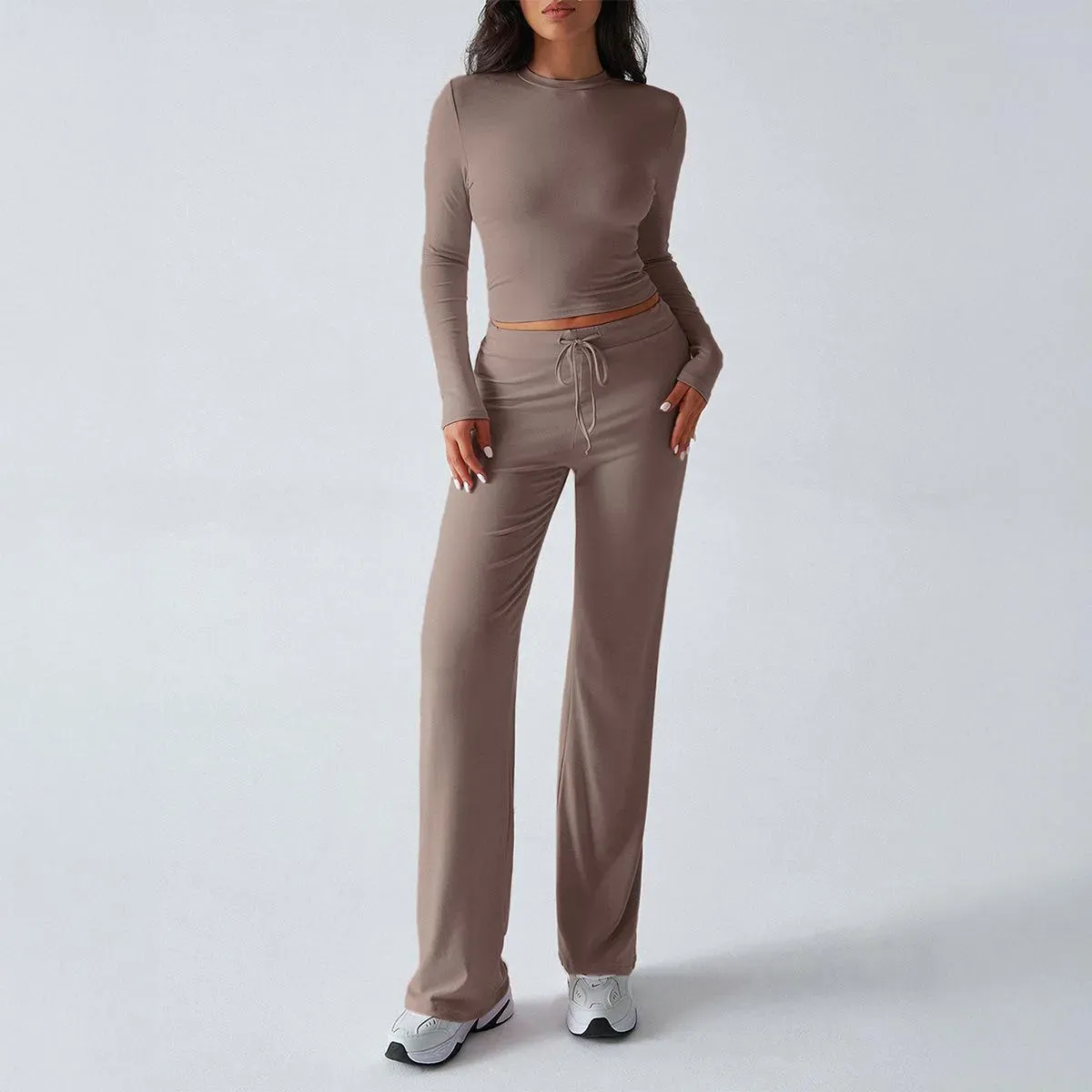 Brown Solid Crew Neck Co Ord Set - NEWME