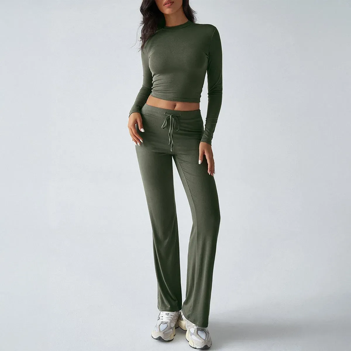 Olive Solid Crew Neck Co Ord Set - NEWME