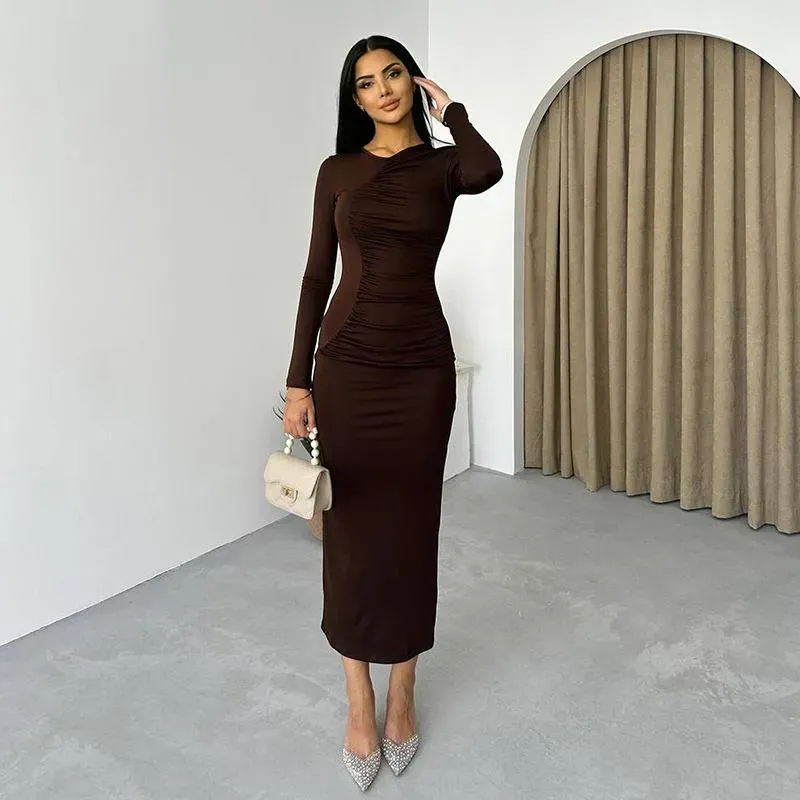 Dark Brown Gathered Bodycon Midi Dress - NEWME