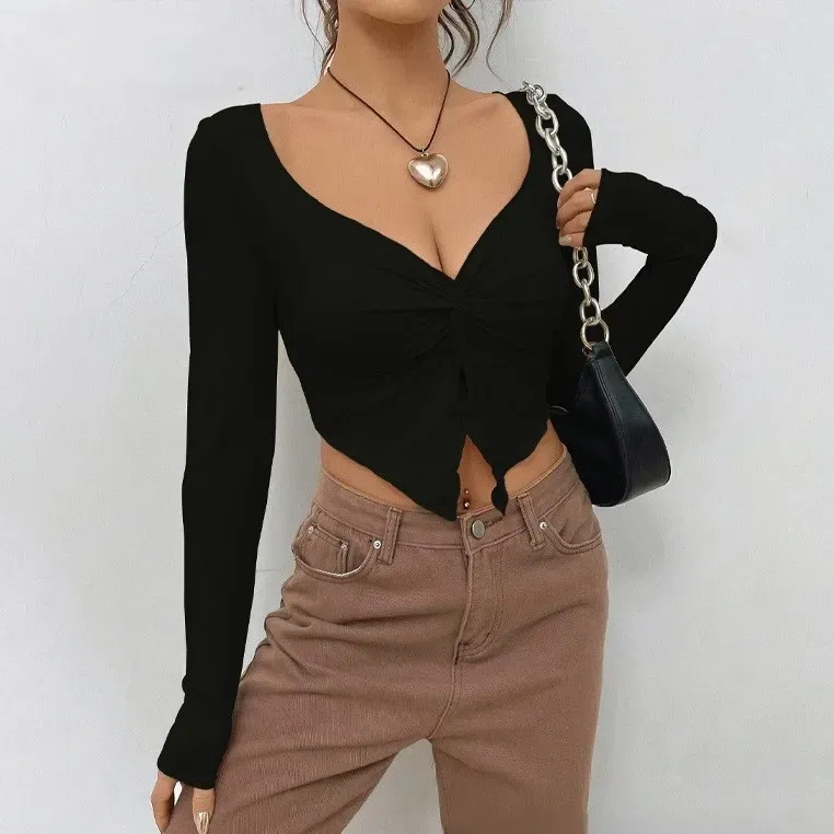Black Solid Vneck Twist Detail Crop Top - NEWME