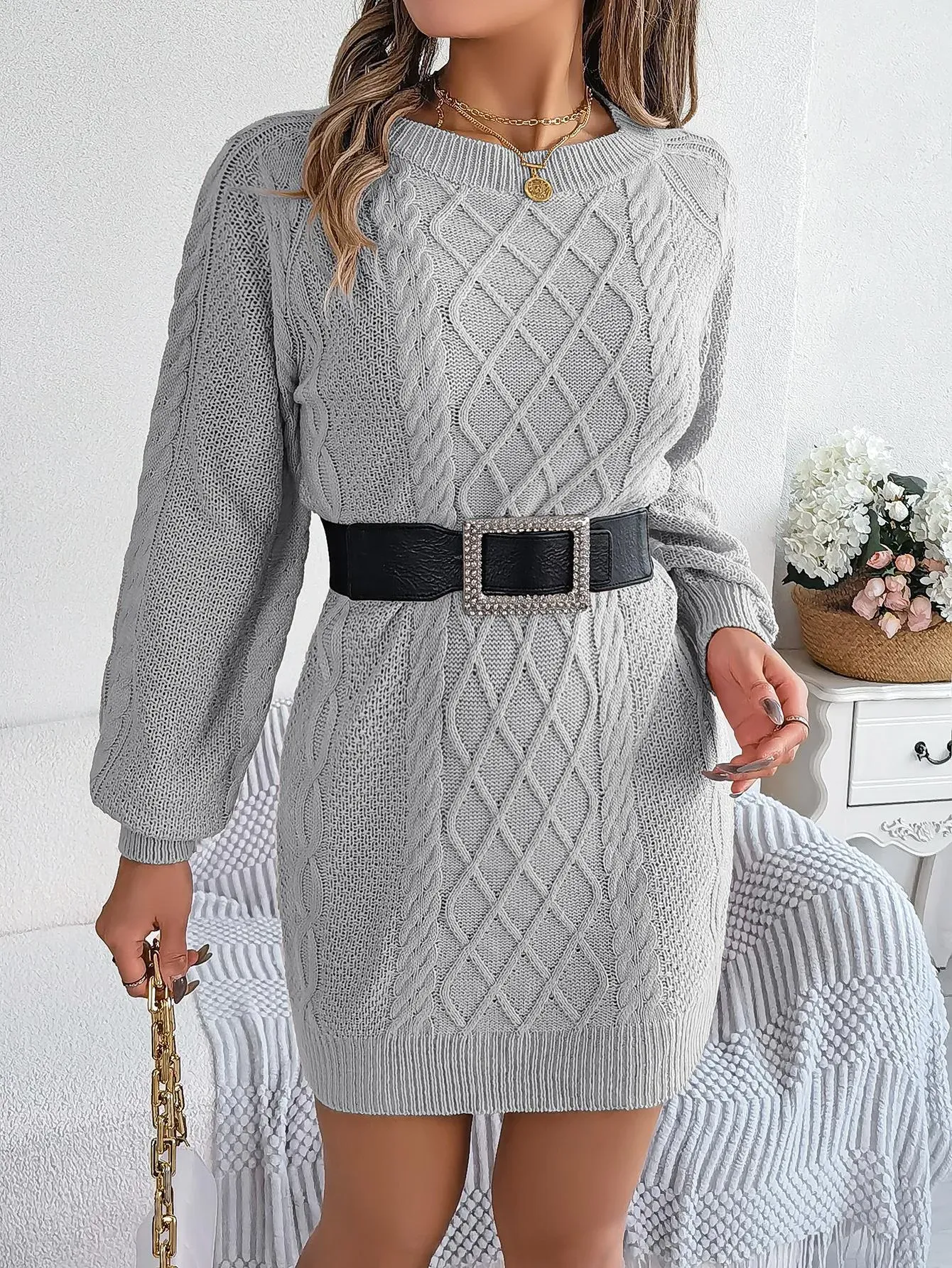 Light Grey Crew Neck Sweater Dress - NEWME