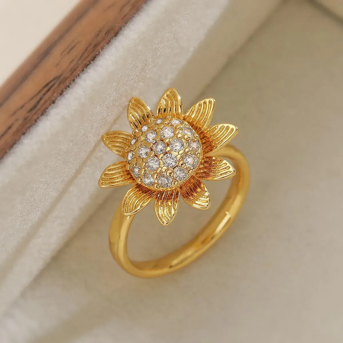 Imitation Gold Floral Cubic Zirconia Studded Ring - NEWME