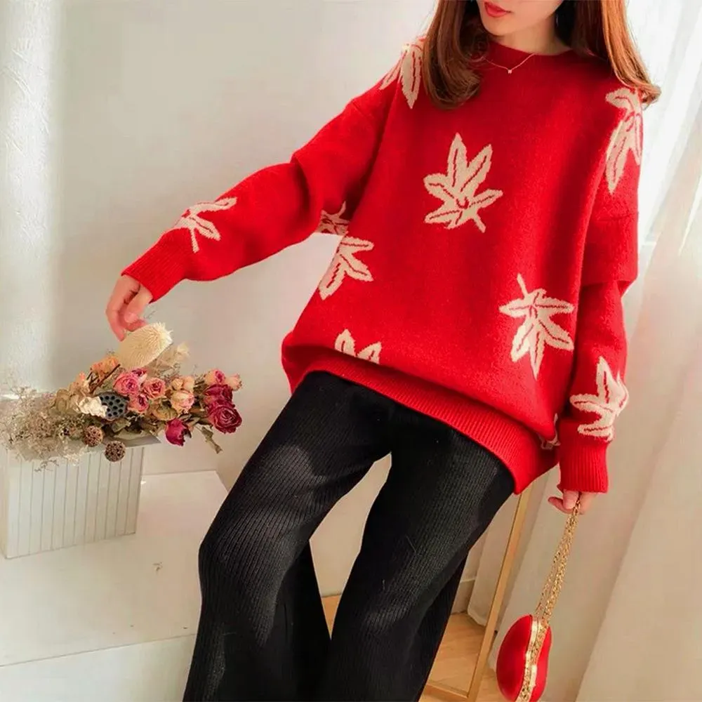 Red Knitted Crew Neck Leaf Pattern Sweater - NEWME