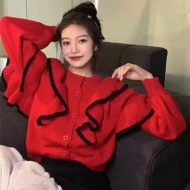 Red Ruffle Detail Cardigan - NEWME