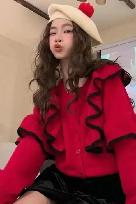 Red Ruffle Detail Cardigan - NEWME