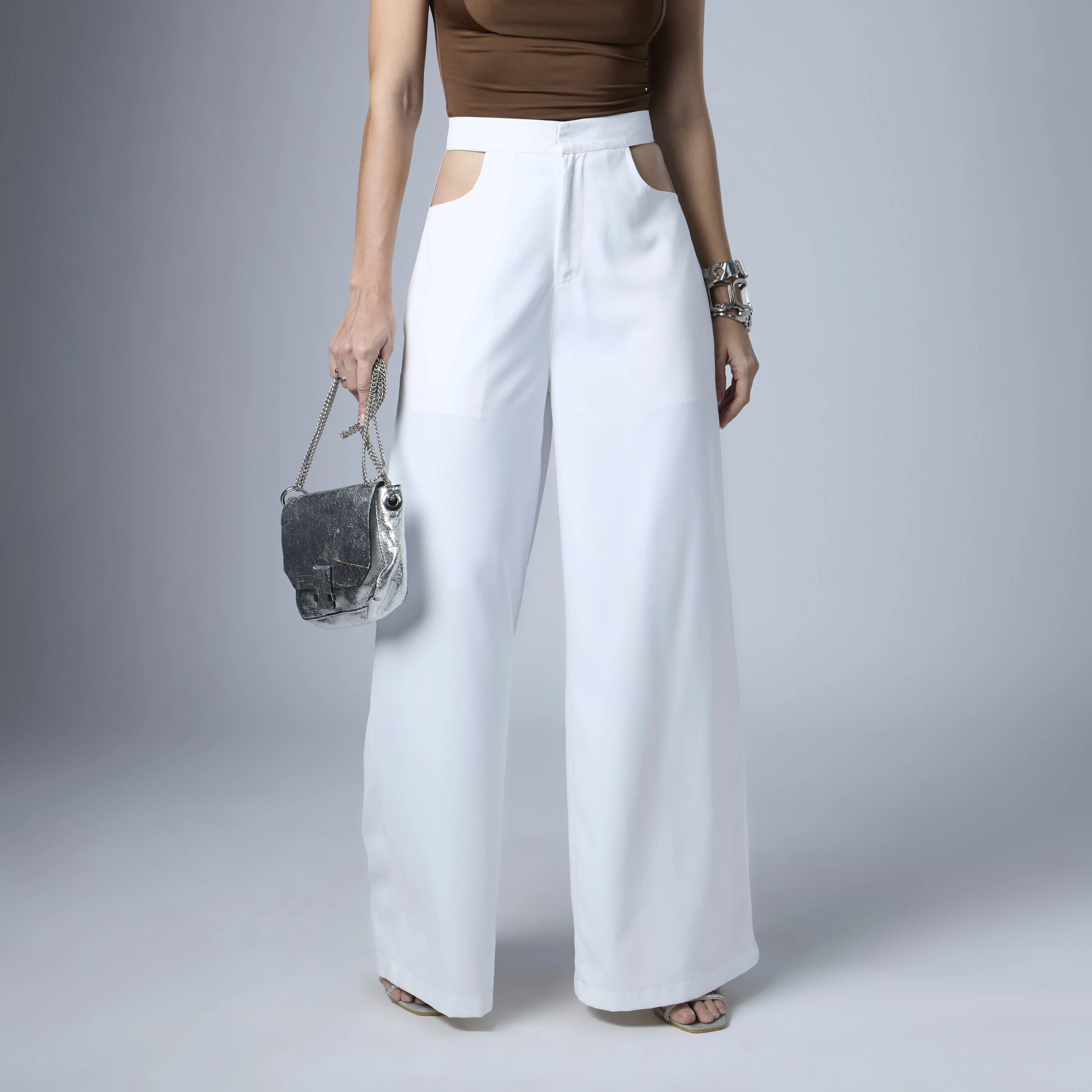White Solid Cut Out Trouser - NEWME