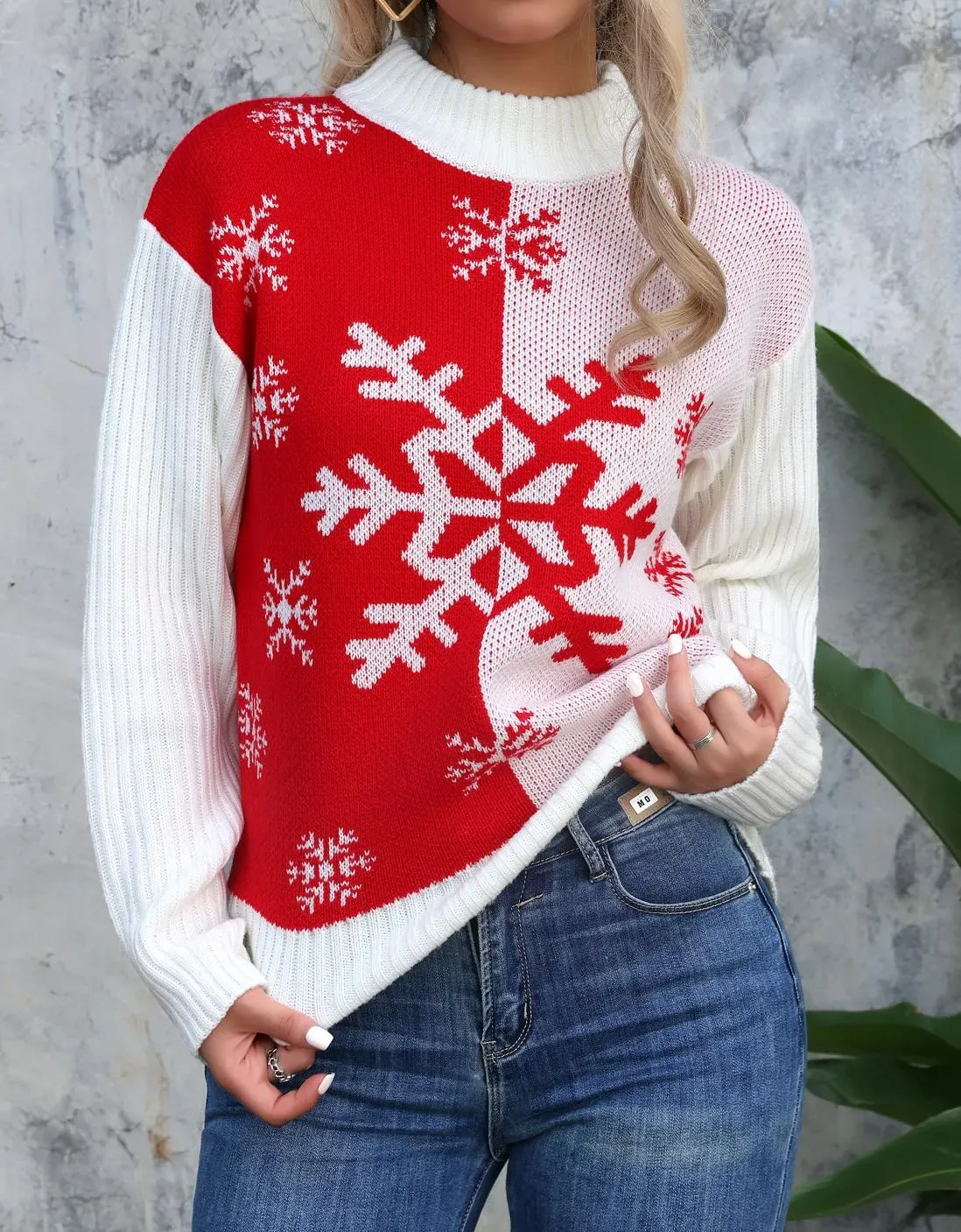 Red Snowflake Print Mock Neck Sweater - NEWME