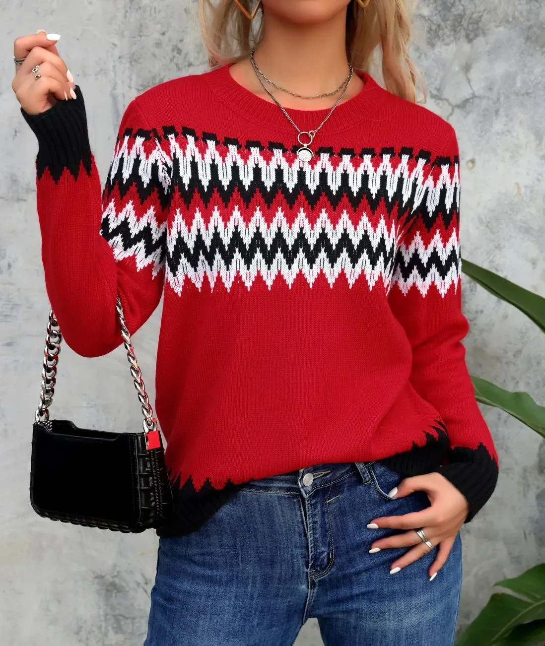 Red Knitted Crew Neck Sweater - NEWME