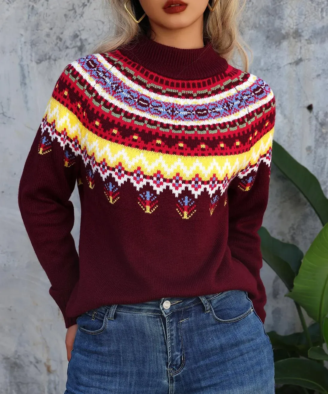 Maroon Geometric High Neck Sweater - NEWME