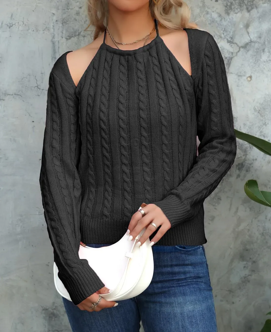 Black Knitted Halter Neck Sweater - NEWME