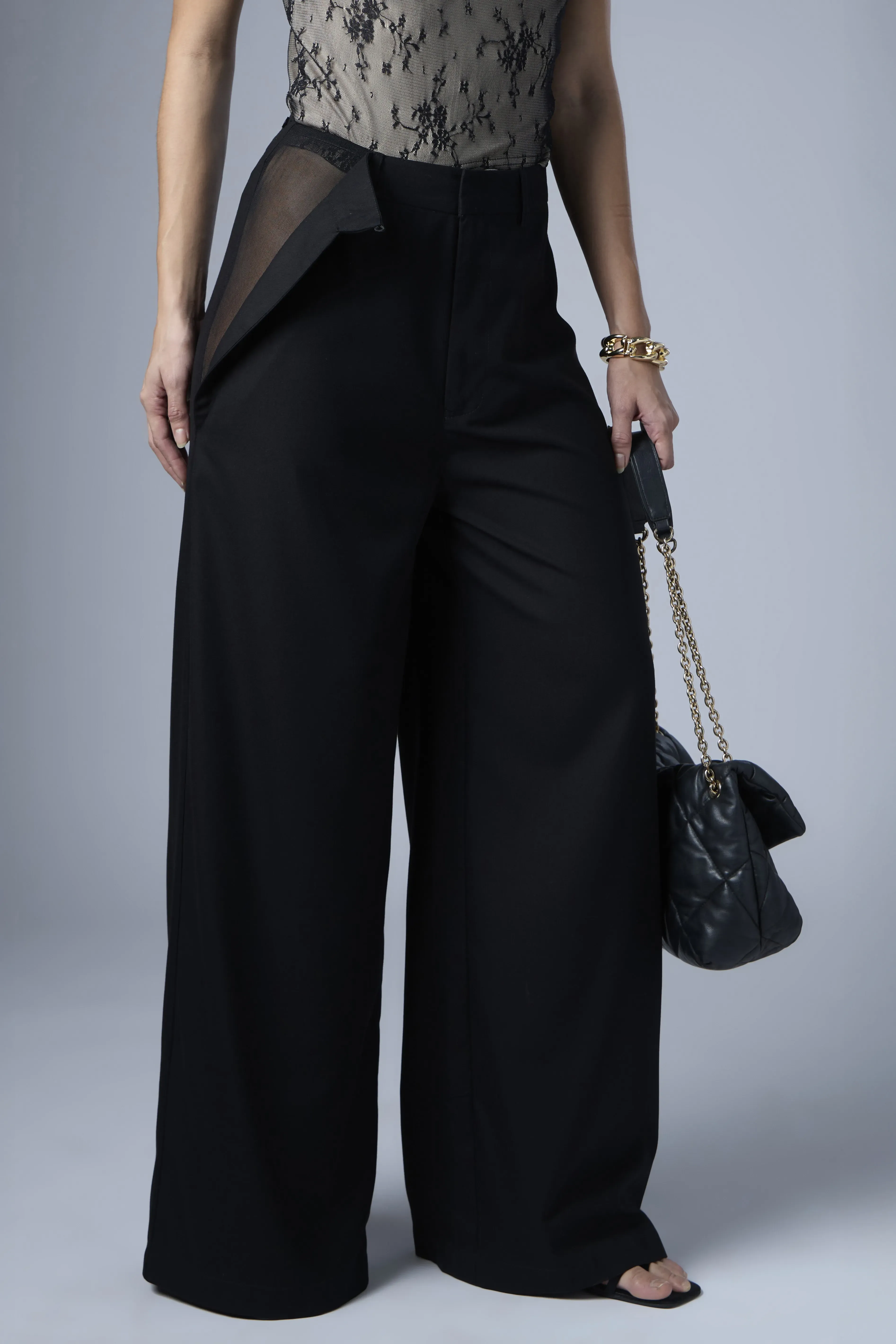 Black Solid Mesh Detail Trouser - NEWME