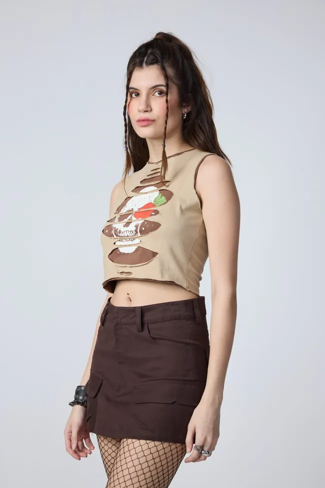 Beige Skeleton Printed Crop Tee - NEWME