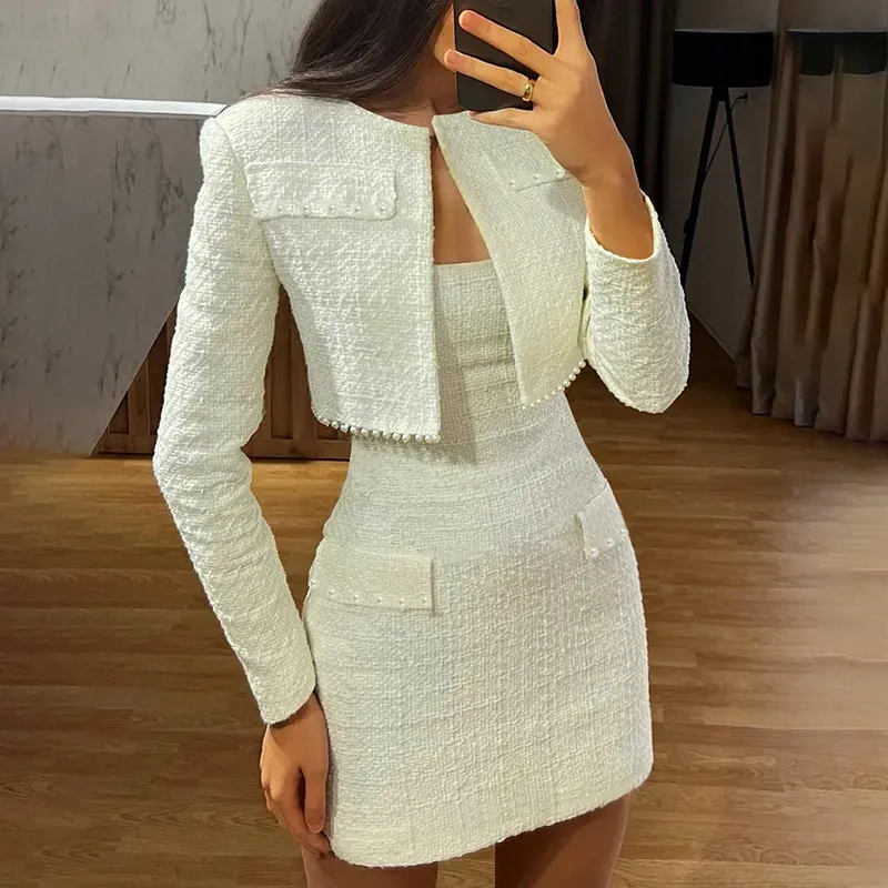 White Pearl Embellished Textured Blazer - NEWME