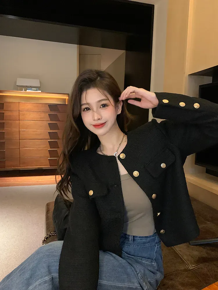 Black Button Detail Round Neck Jacket - NEWME