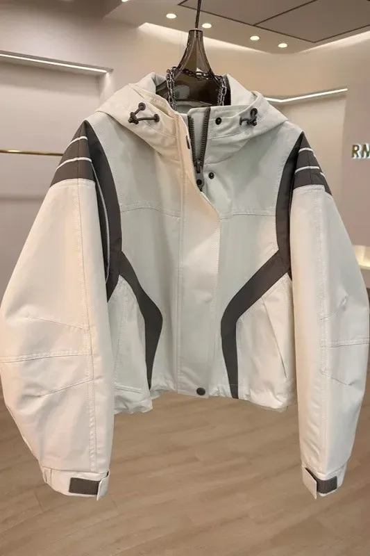 Off White Colorblock Hooded Bomber Jacket - NEWME