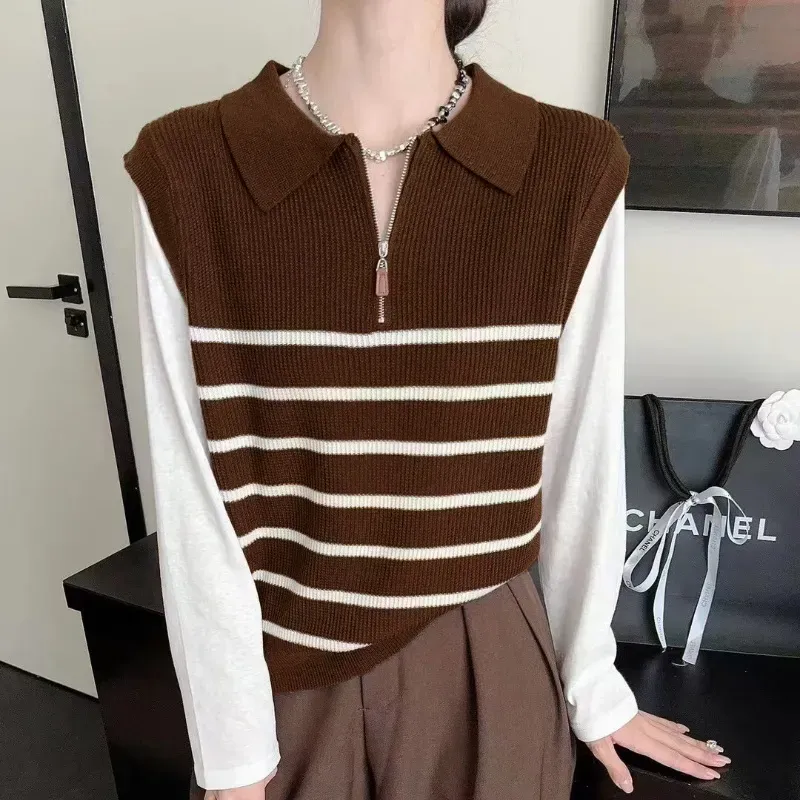 Dark Brown Striped Spread Collar Sweater Vest With Attached Sleeves - NEWME