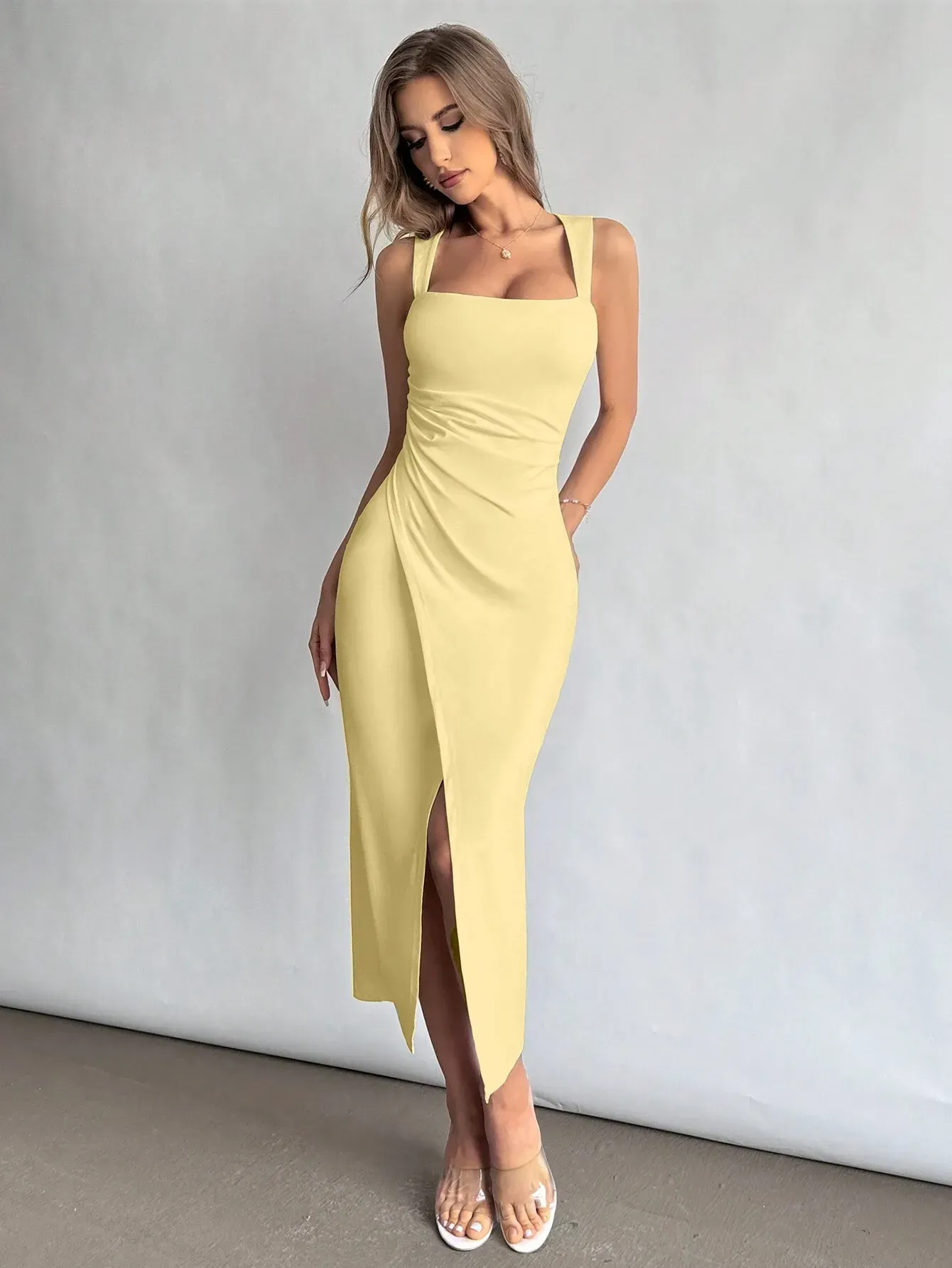 Yellow Draped Square Neck Dress - NEWME