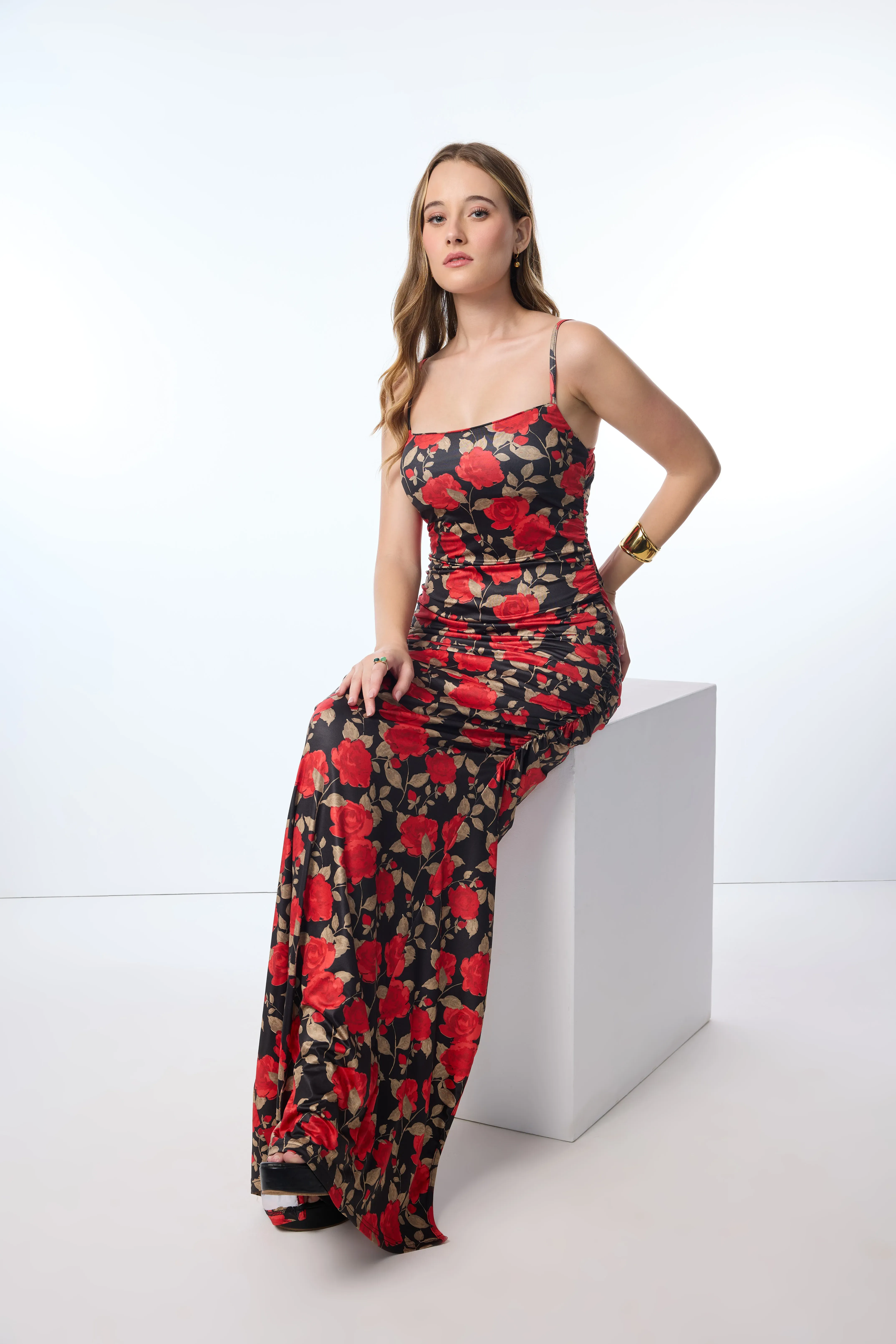 Red Floral Printed Ruched Maxi Dress - NEWME