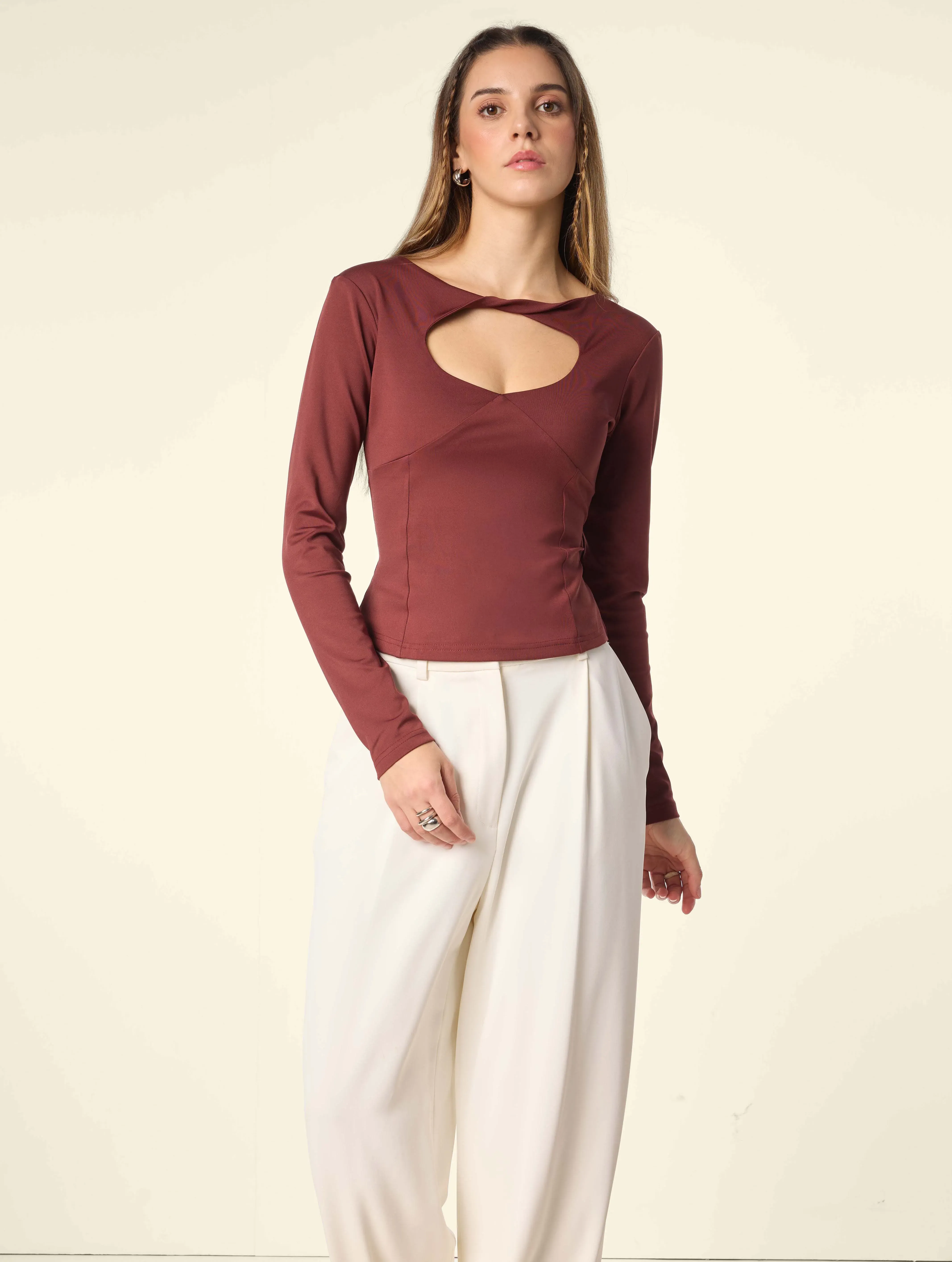 Burgundy Cut-Out Neckline Full Sleeves Top - NEWME