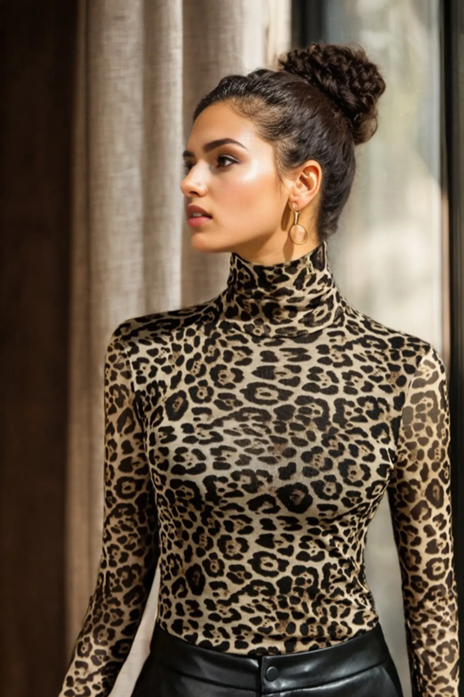Beige Leopard Mock Neck Top - NEWME