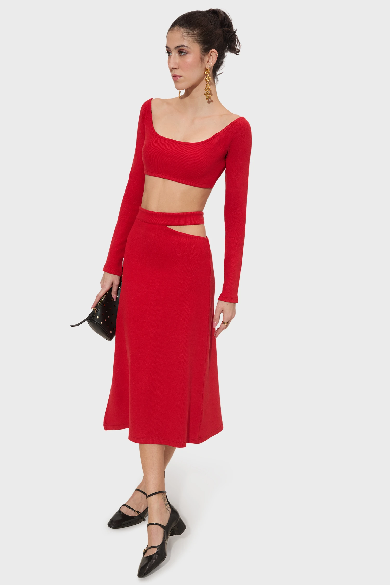 Red Solid Off Shoulder Top And Midi Skirt Co-Ords - NEWME
