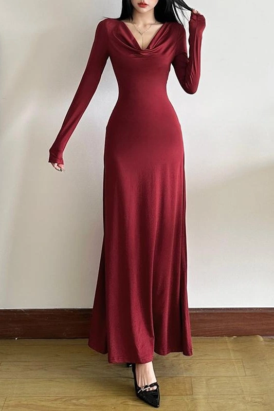 Maroon Solid Cowl Neck Maxi Dress - NEWME