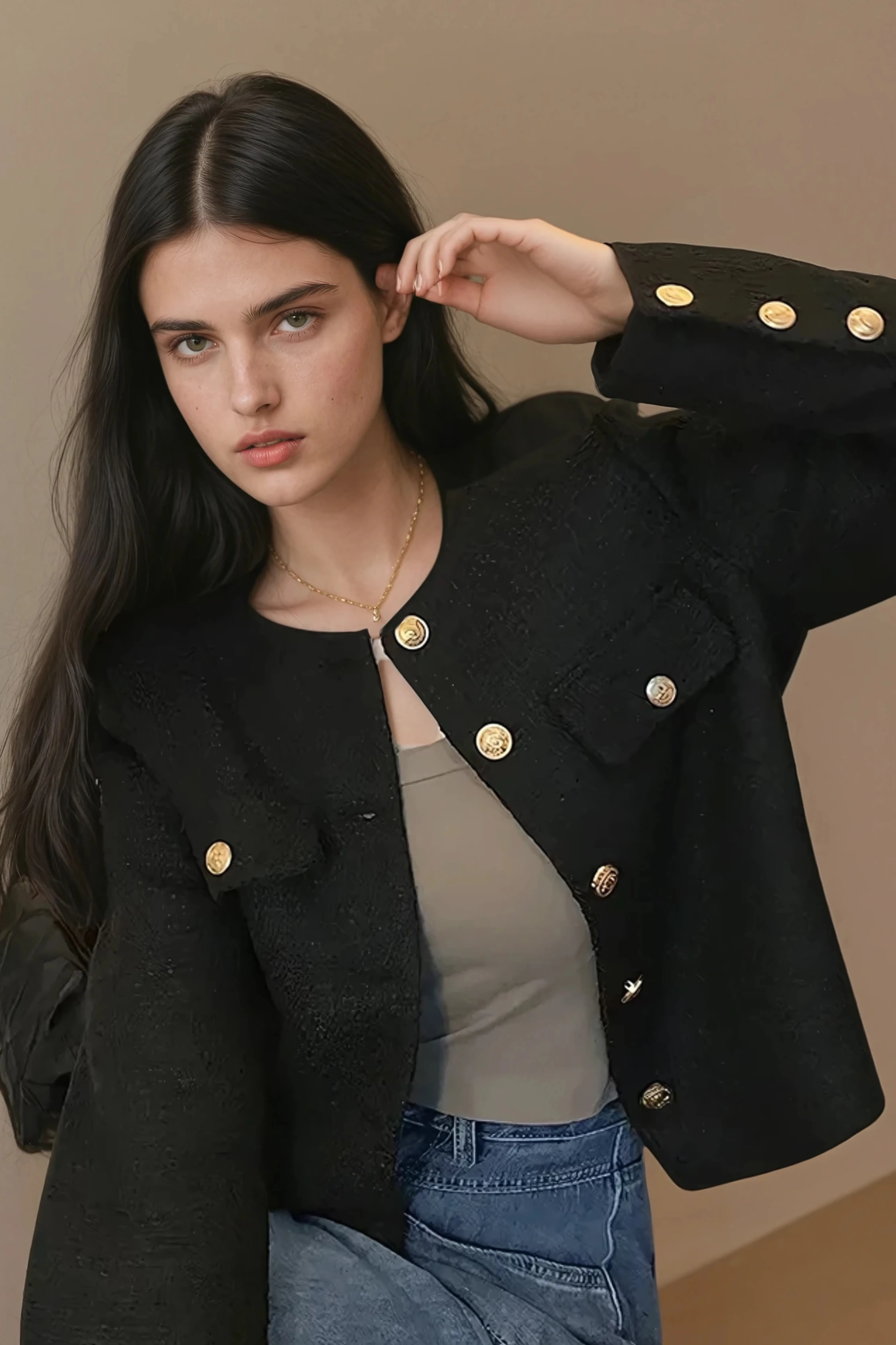 Black Button Detail Round Neck Jacket - NEWME