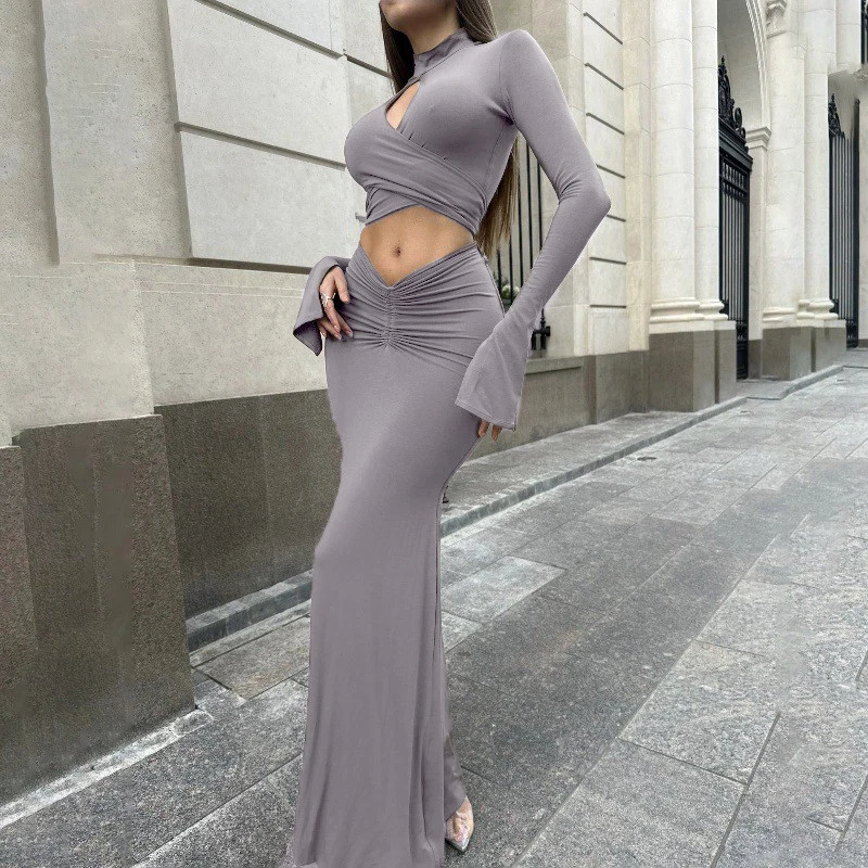 Grey Solid Mock Neck Cut Out Co Ord Set - NEWME
