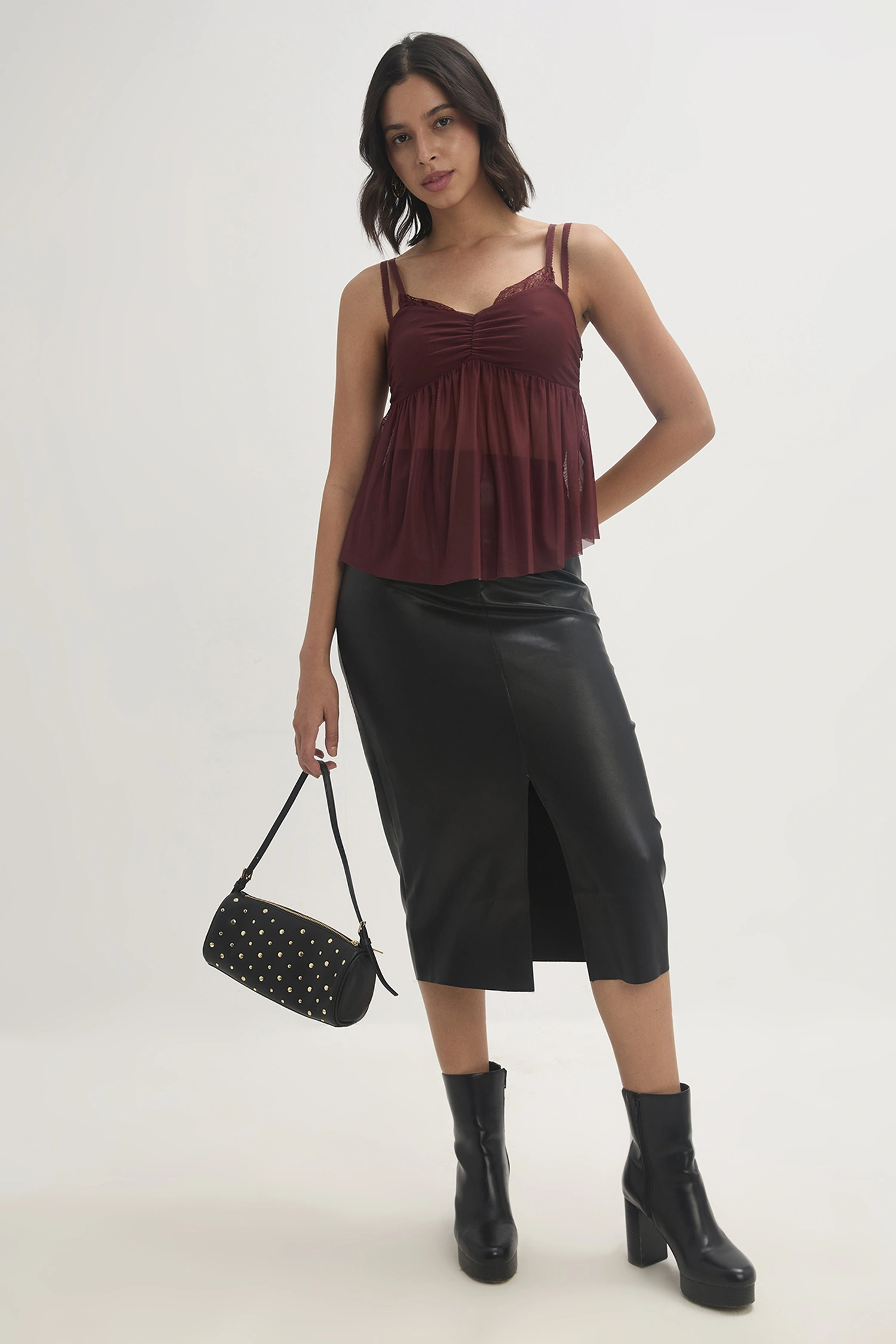 Maroon Mesh Peplum Spaghetti Strap Top - NEWME