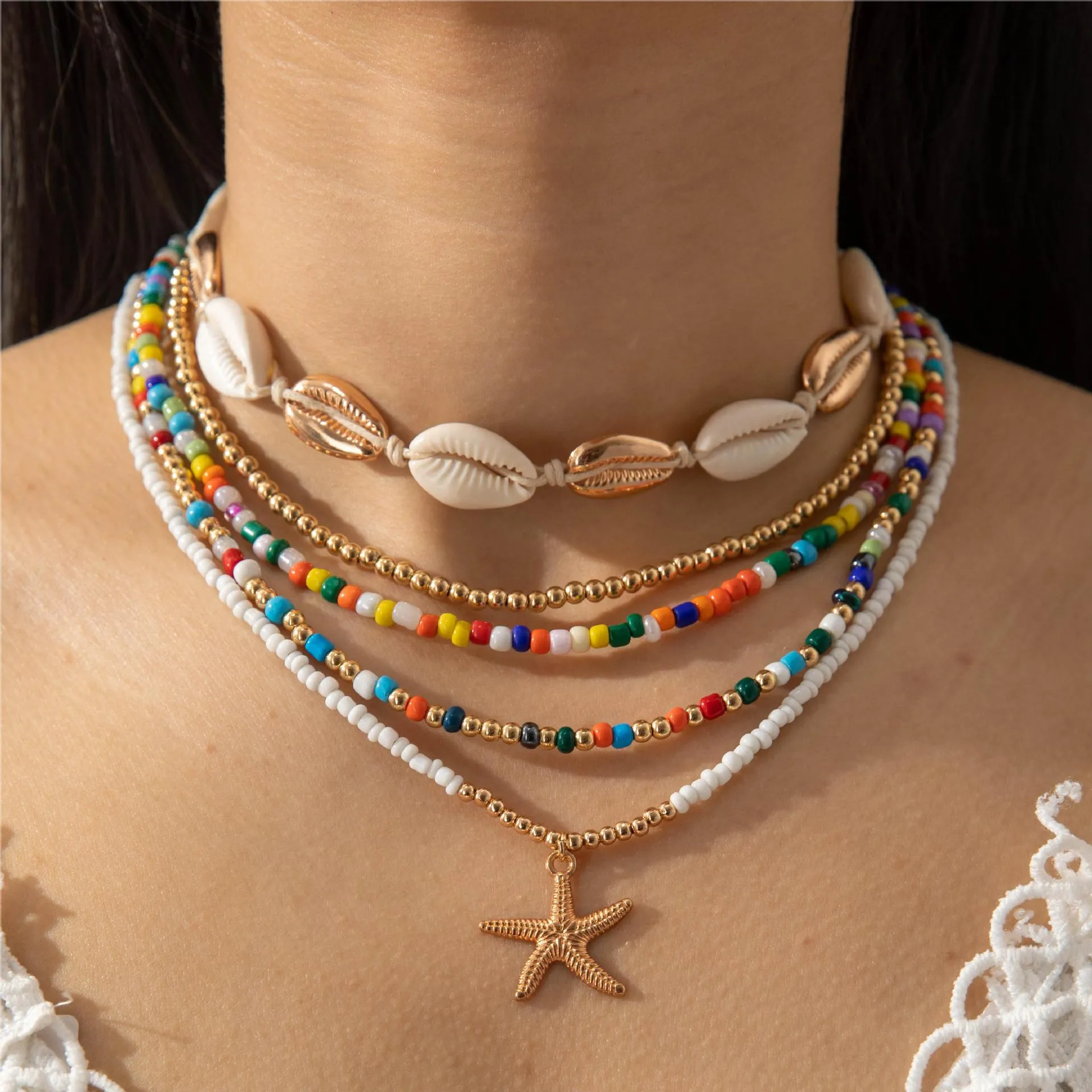 Multicolor Shells Beaded Layered Necklace - NEWME