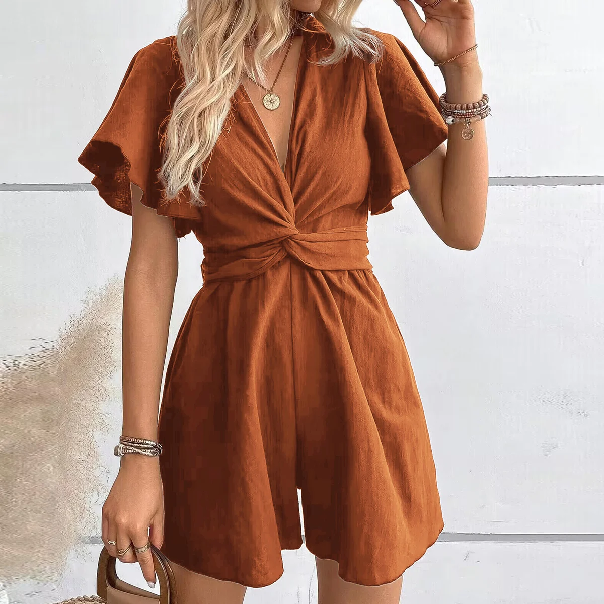 Brown Solid Twist Detail Playsuit - NEWME
