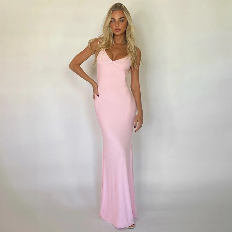 Light Pink Solid Plunging Neck Maxi Dress - NEWME